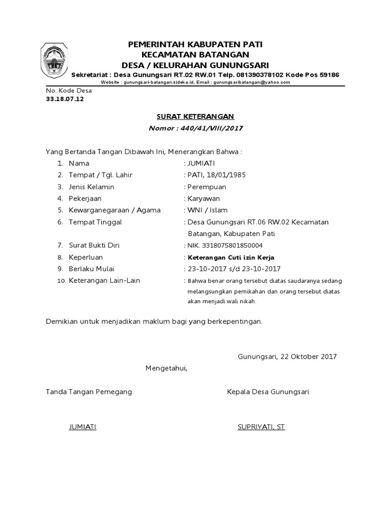 Surat Keterangan Keterangan Cuti | PDF