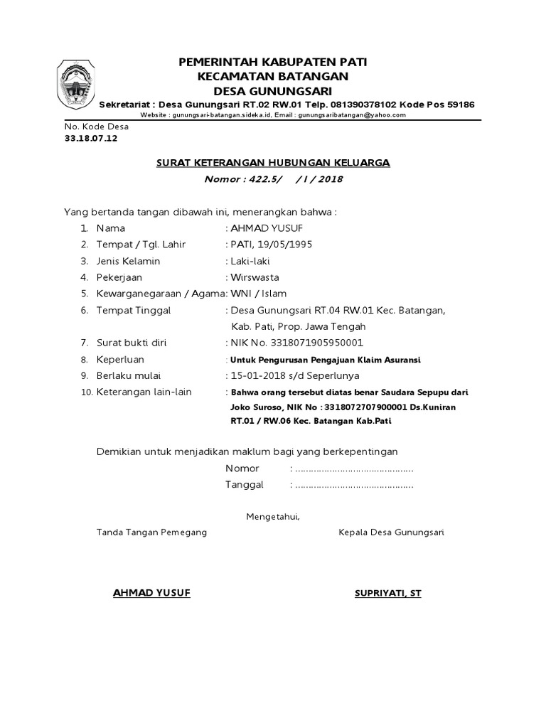 Surat Keterangan Hubungan Keluarga | PDF