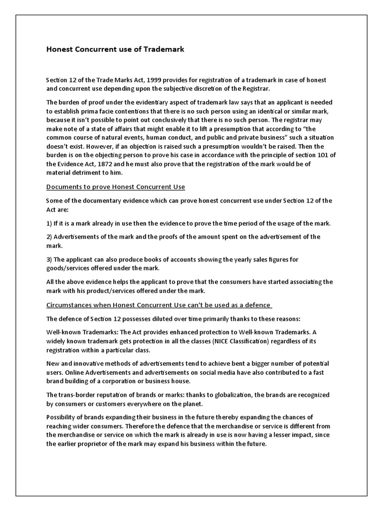 Honest Concurrent Use of Trademark | PDF | Trademark | Brand