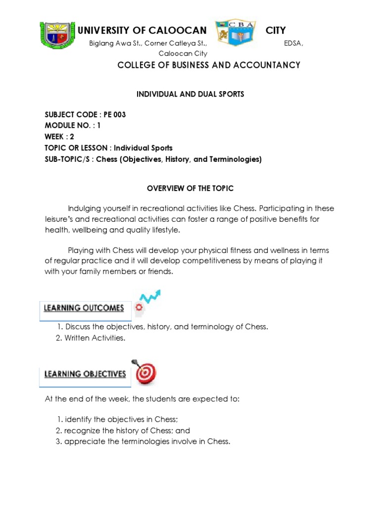PE 003 CBA Module 1 Week 2 Chess Objectives History Terminologies | PDF ...