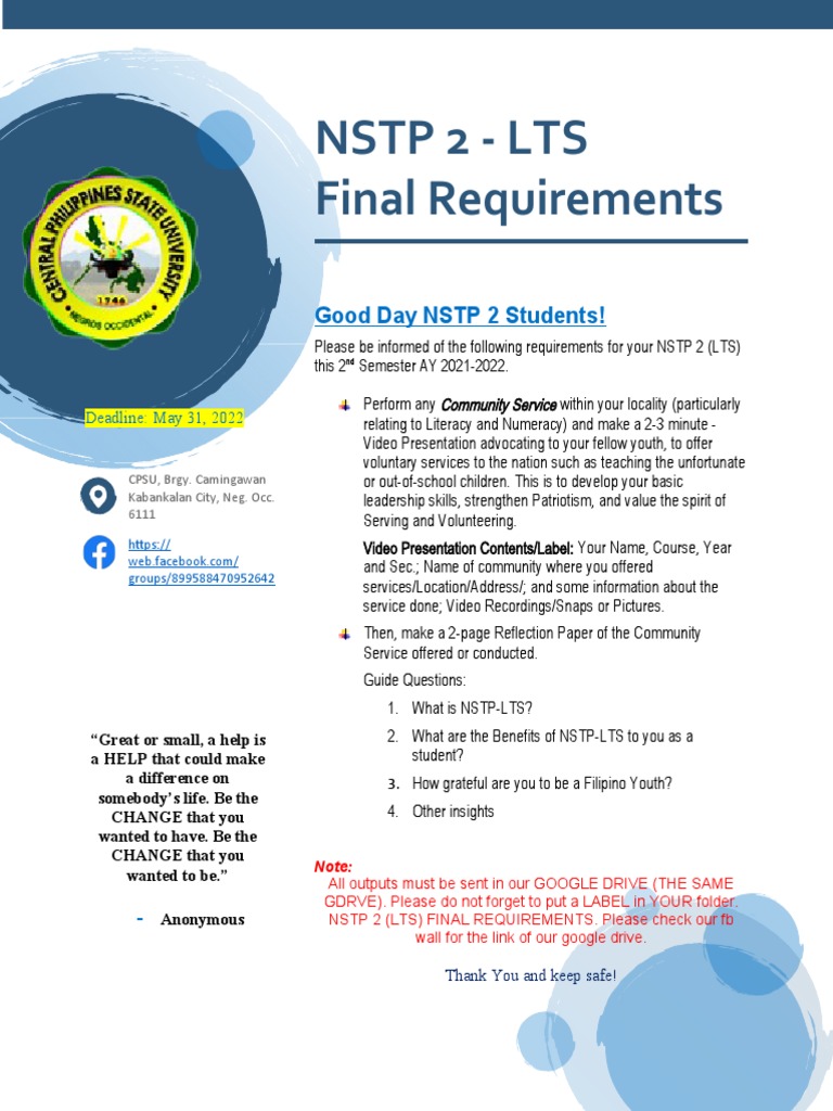 NSTP 2 - Lts Final Requirements: Good Day NSTP 2 Students! | PDF ...