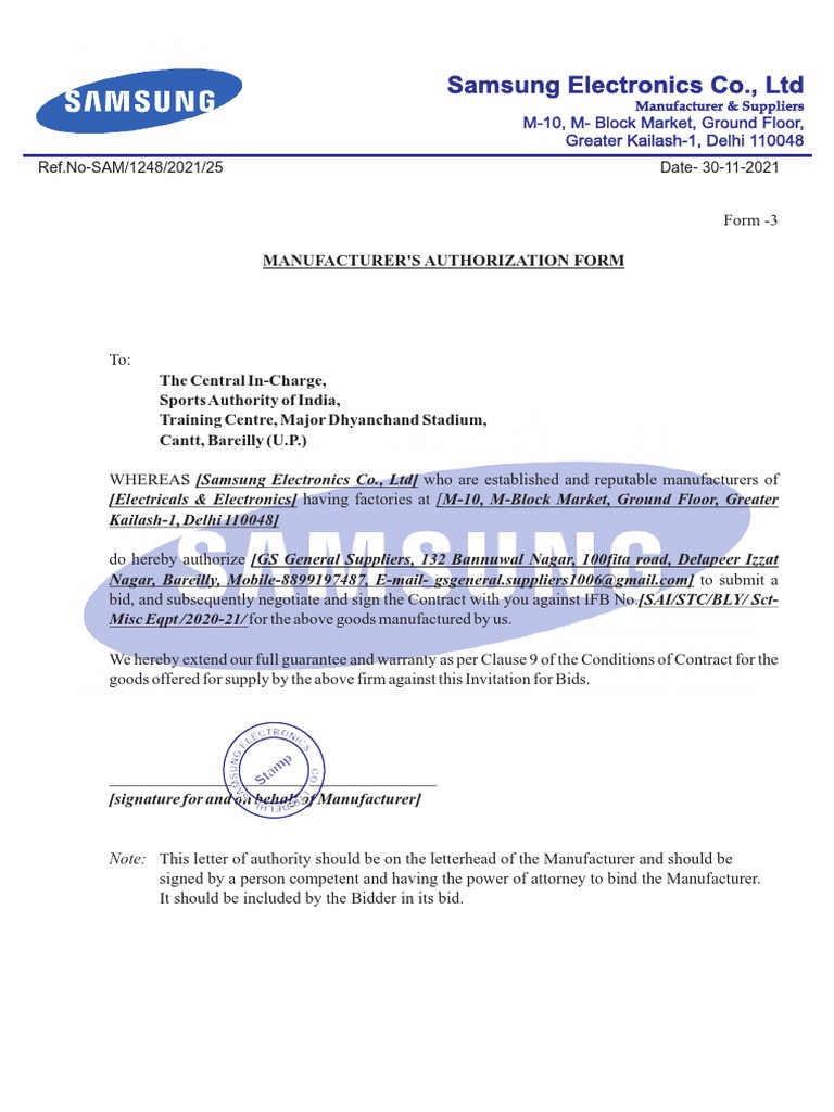 Samsung Electronics Co., LTD: Manufacturer'S Authorization Form | PDF