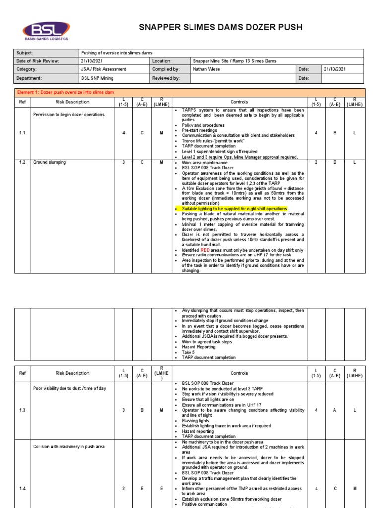 Dozer Operations Risk Assessment | PDF | Safety