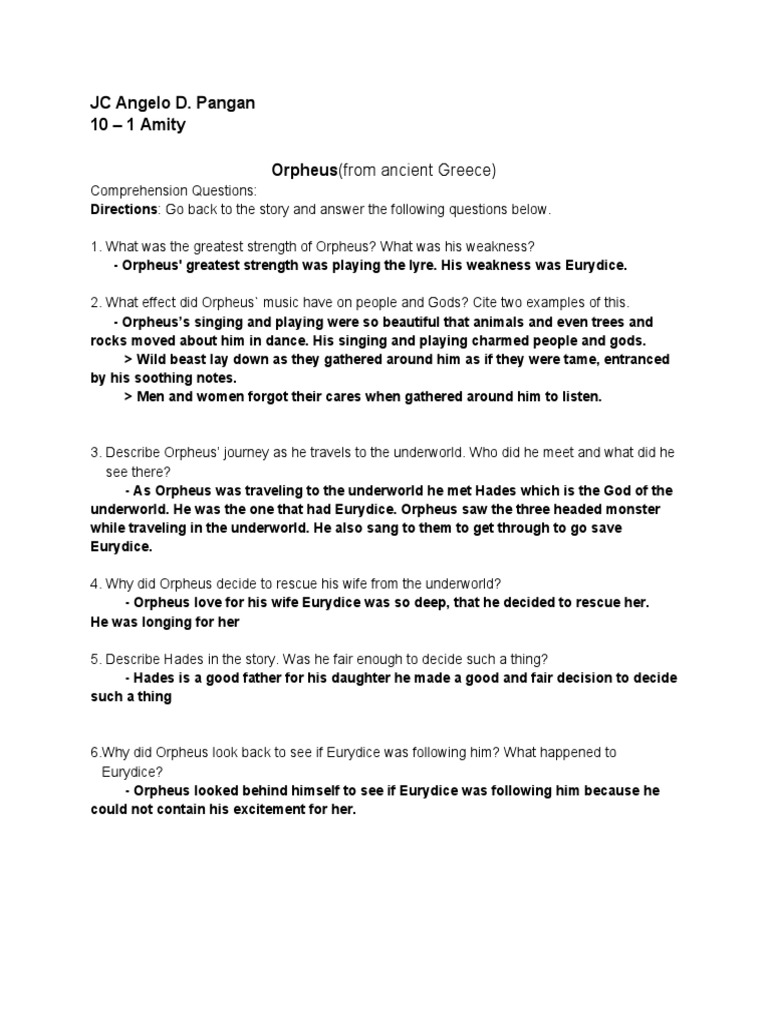 Orpheus - Comprehension Questions | PDF