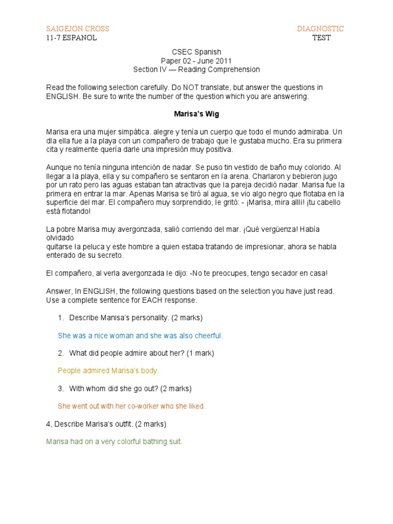 CSEC Spanish Diagnostic Test: Reading Comprehension | PDF