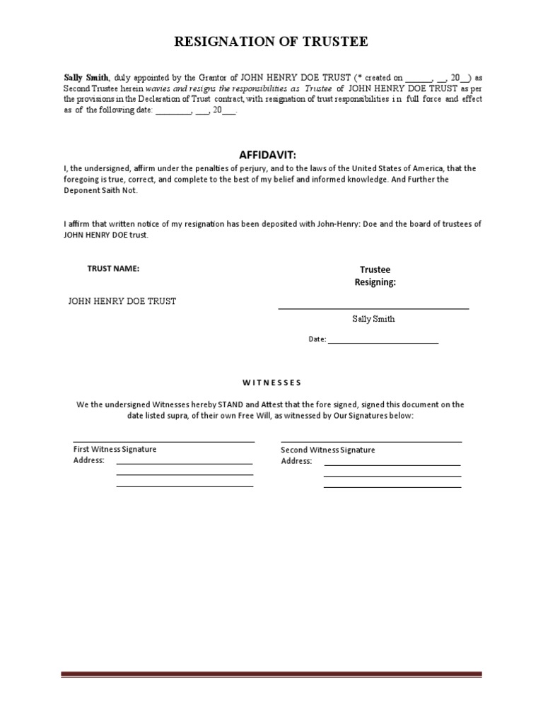 Resignation of Trustee: Affidavit | Download Free PDF | Affidavit ...