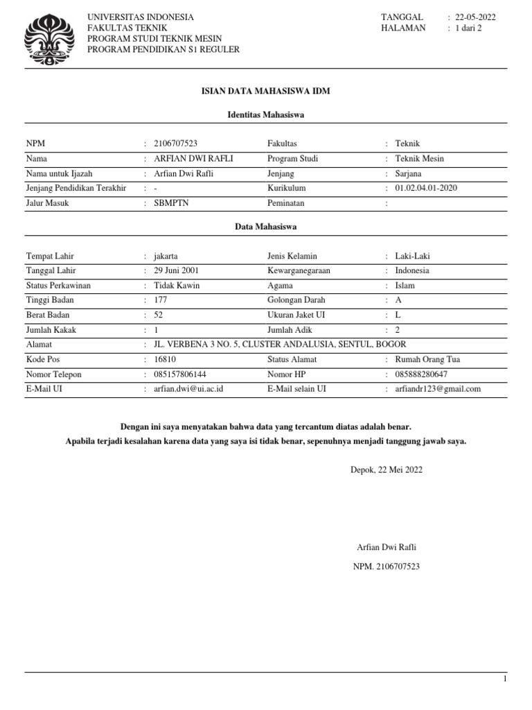 Data Mahasiswa Teknik Mesin UI | PDF