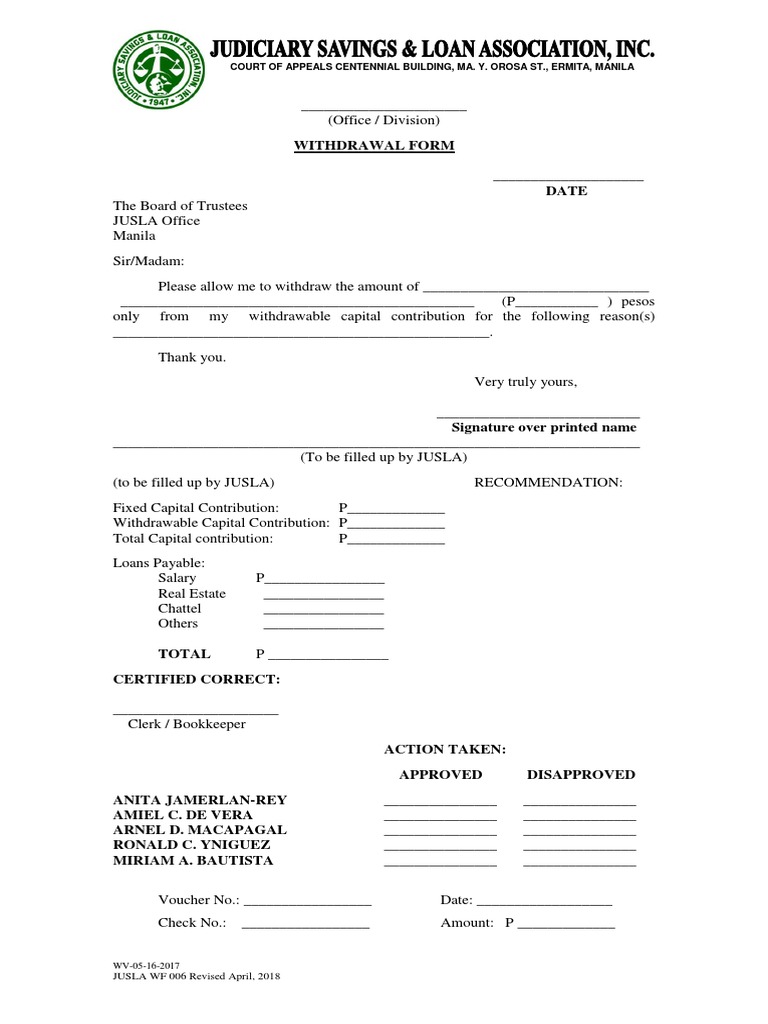 Withdrawal Form for JUSLA Members | PDF