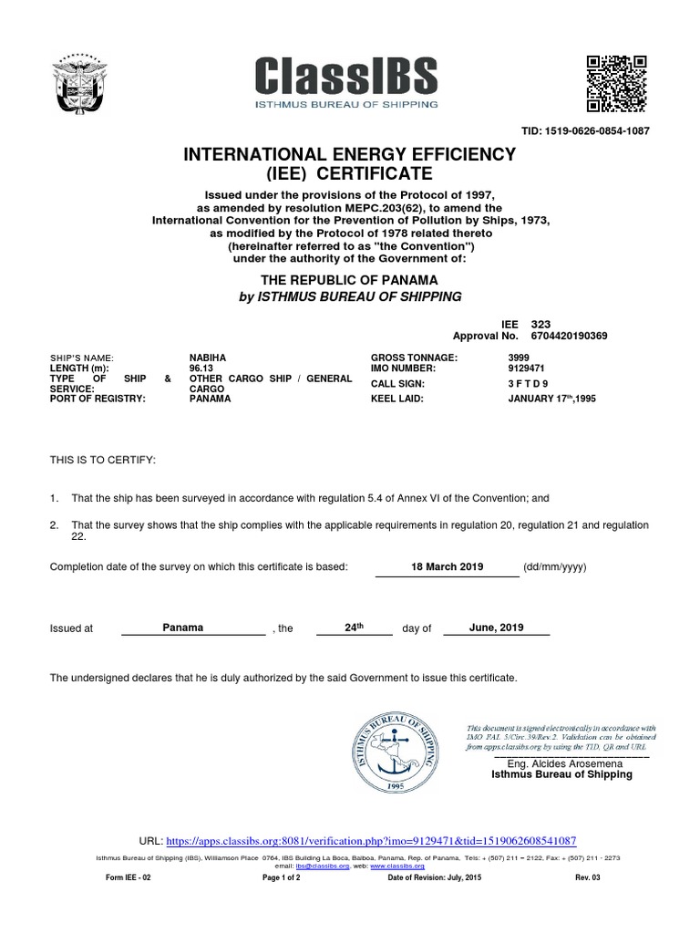 International Energy Efficiency (Iee) Certificate: by Isthmus Bureau of Shipping | PDF | Legal ...