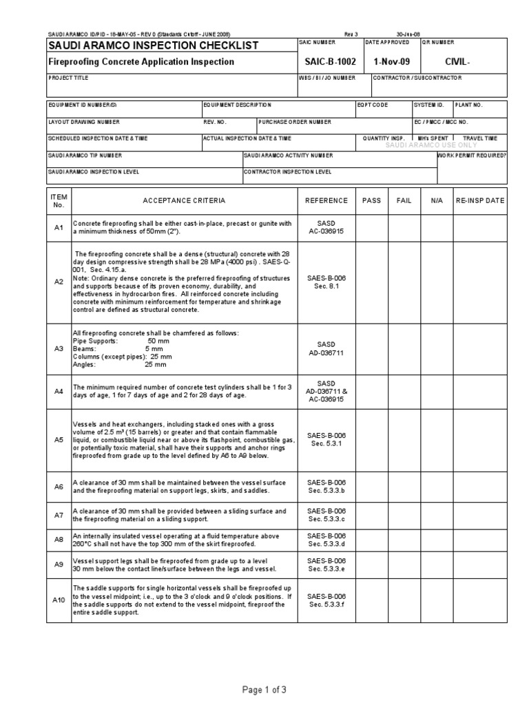 Saudi Aramco Inspection Checklist: Fireproofing Concrete Application Inspection SAIC-B-1002 1 ...