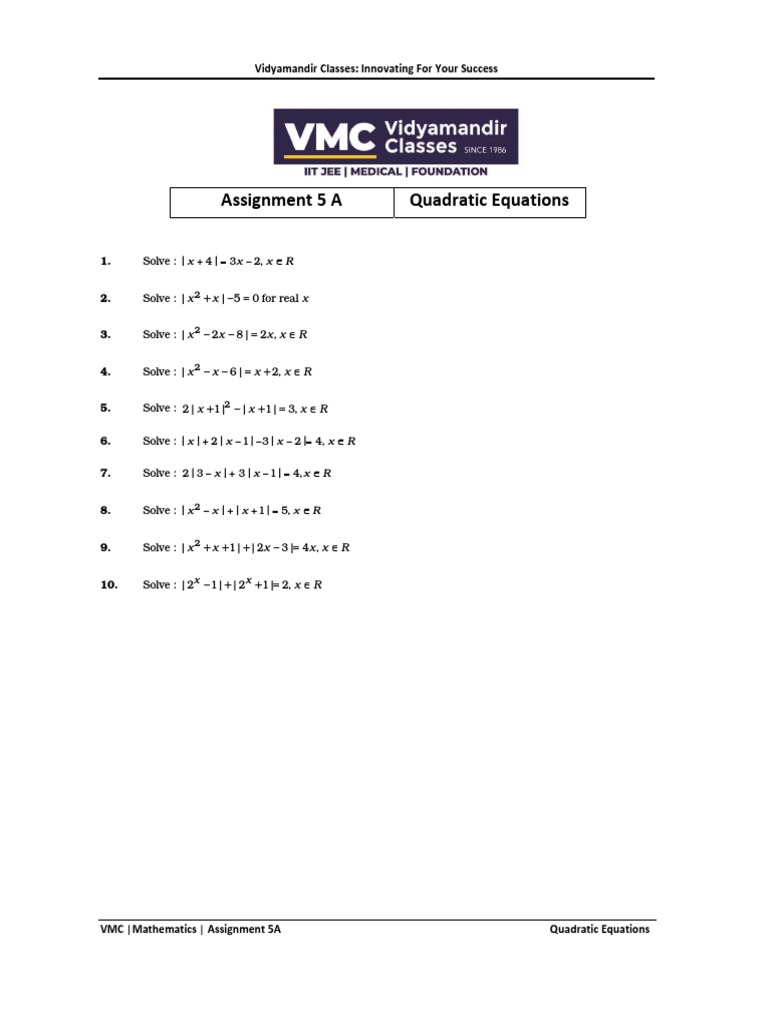 Assignment 5 A - Quadratic Equations | PDF | Mathematics | Mathematical ...