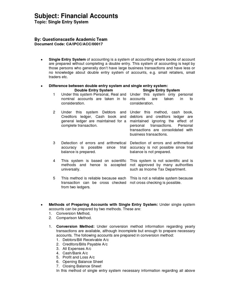 Single Entry System | PDF | Bookkeeping | Income Statement