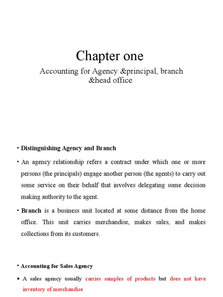 Chapter One: Accounting For Agency &principal, Branch &head Office ...