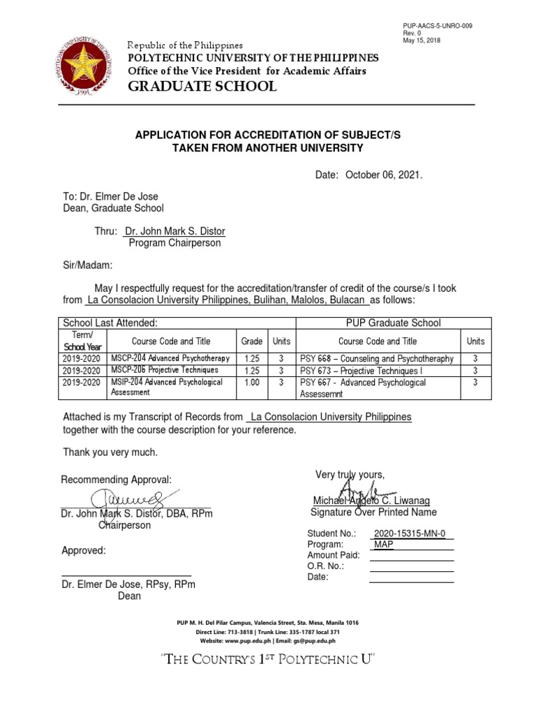 Application For Accreditation of Subject - Pup-Aacs-5-Unro-009 | PDF
