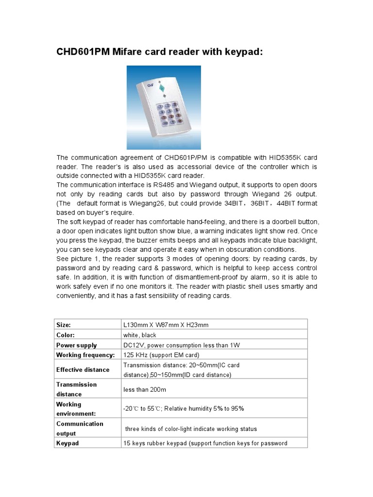 CHD601PM Mifare Card Reader With Keypad - Datasheet - en | PDF