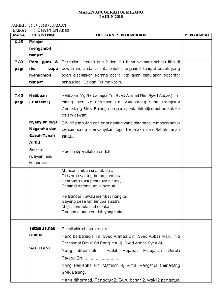 Draf Teks MC Majlis Anugerah Gemilang 2018 | PDF