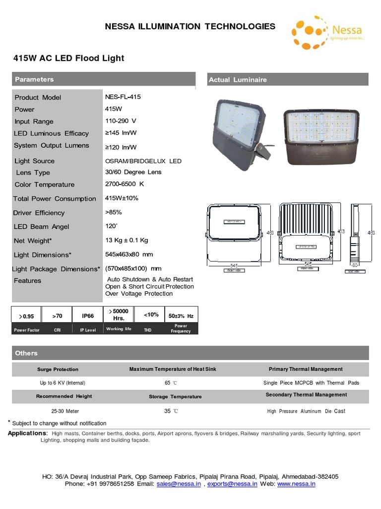 415W AC LED Flood Light Specifications | PDF