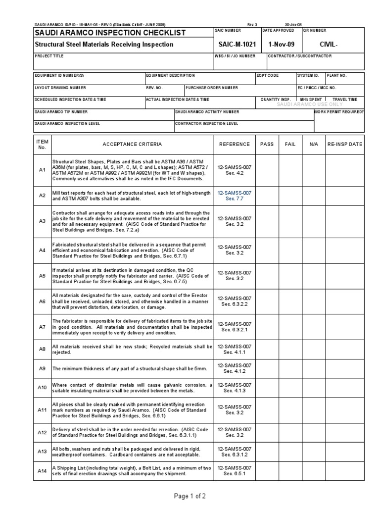 Saudi Aramco Inspection Checklist: Structural Steel Materials Receiving ...
