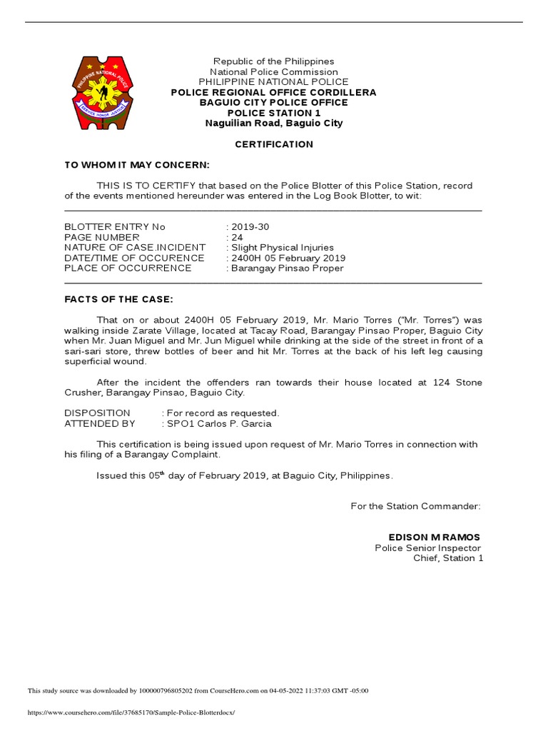 Police Blotter Certification Baguio City | PDF | Criminal Law | Crimes
