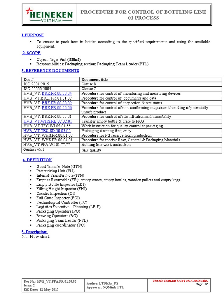 Procedure For Control of Bottling Line 01 Process: 1.purpose | PDF | Packaging And Labeling ...