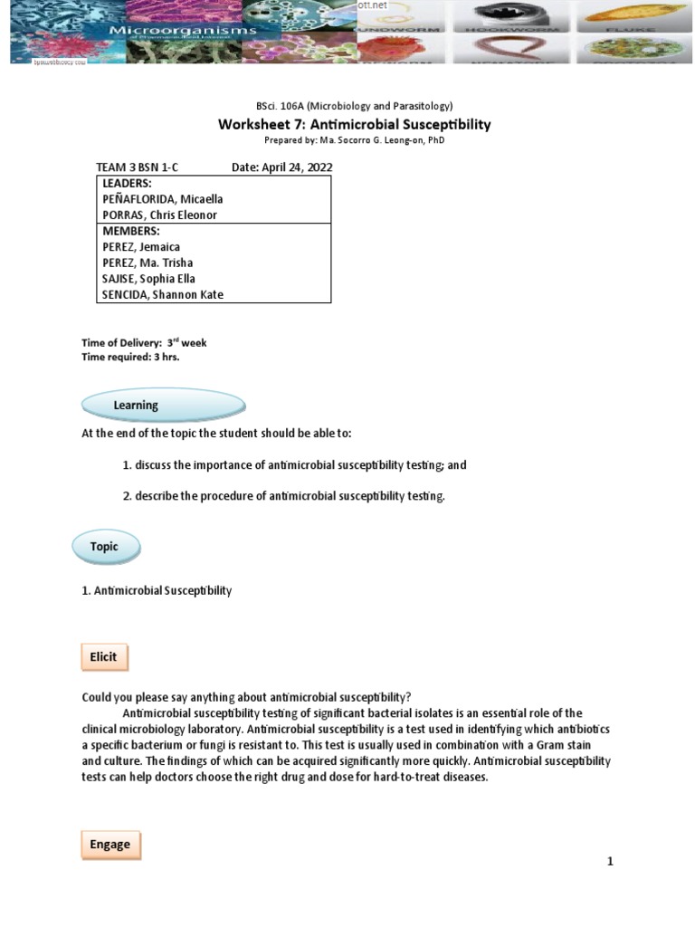 Worksheet 7: Antimicrobial Susceptibility: Leaders: Members | PDF ...