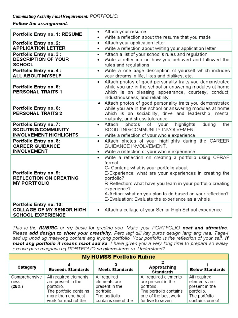 HUMSS Portfolio Requirements Guide | PDF | Concept | Cognitive Science