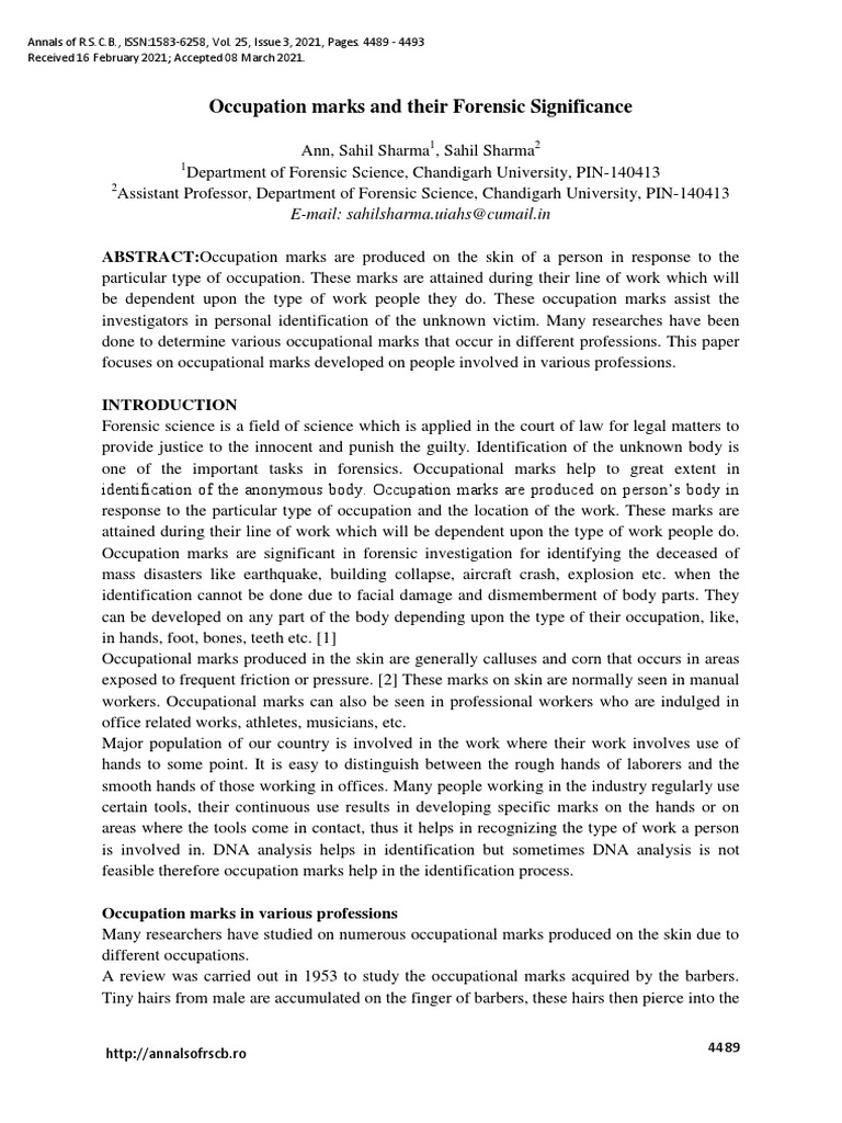 Occupation Marks and Their Forensic Significance | PDF