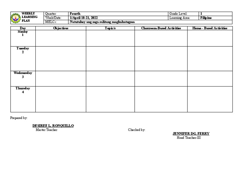 Quarter: Grade Level: Week/Date: Learning Area: Melcs:: Eekly Earning ...