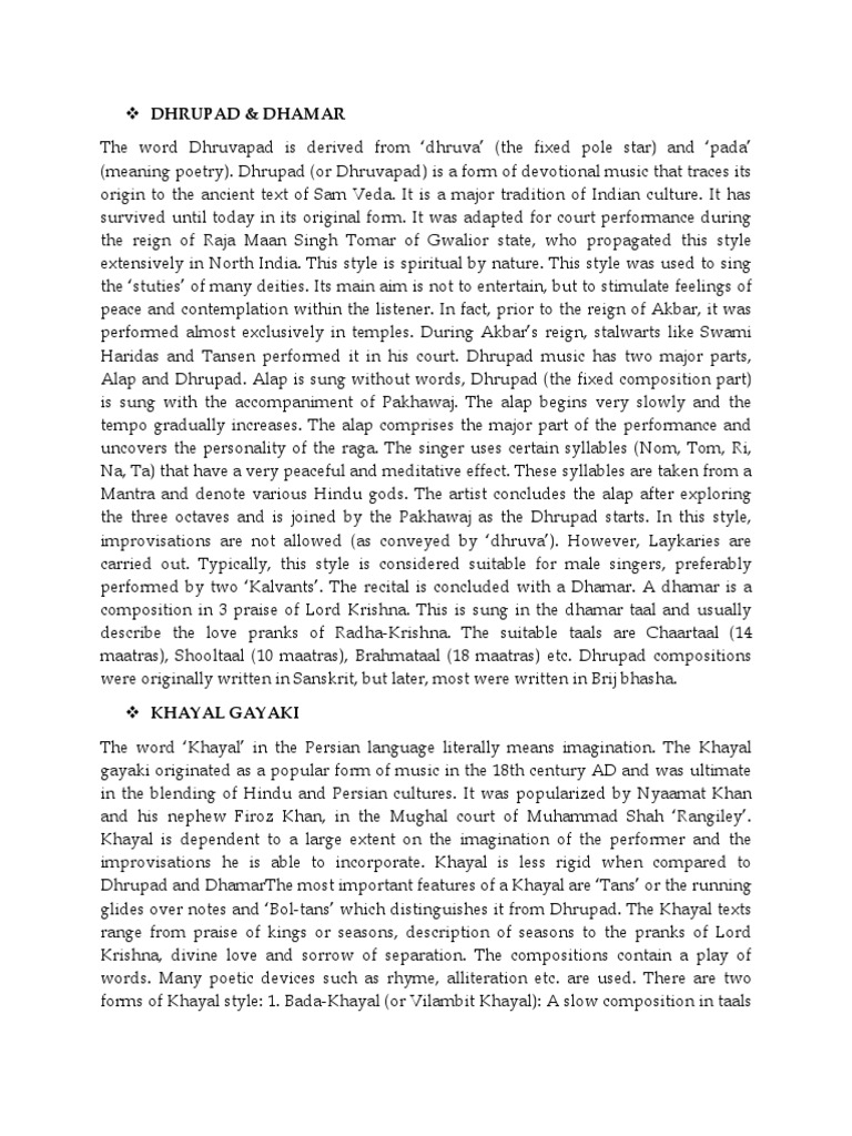 Dhrupad & Dhamar, Khayal, Tarana | PDF | Classical And Art Music Traditions