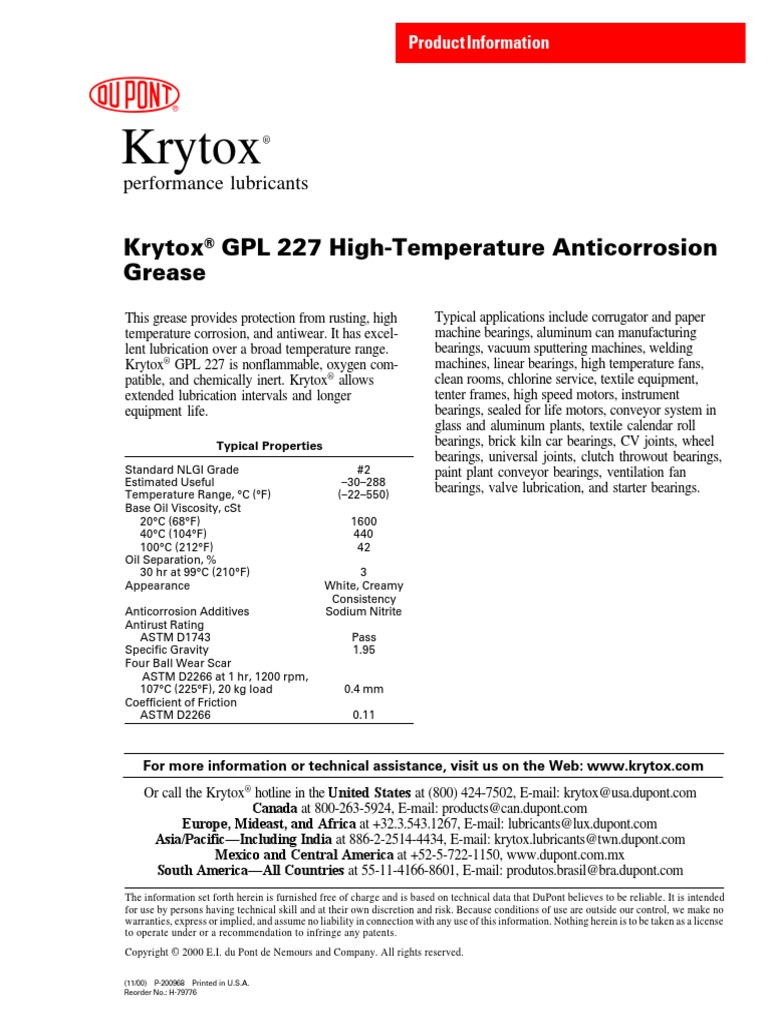 Krytox GPL 227 | PDF | Bearing (Mechanical) | Lubricant