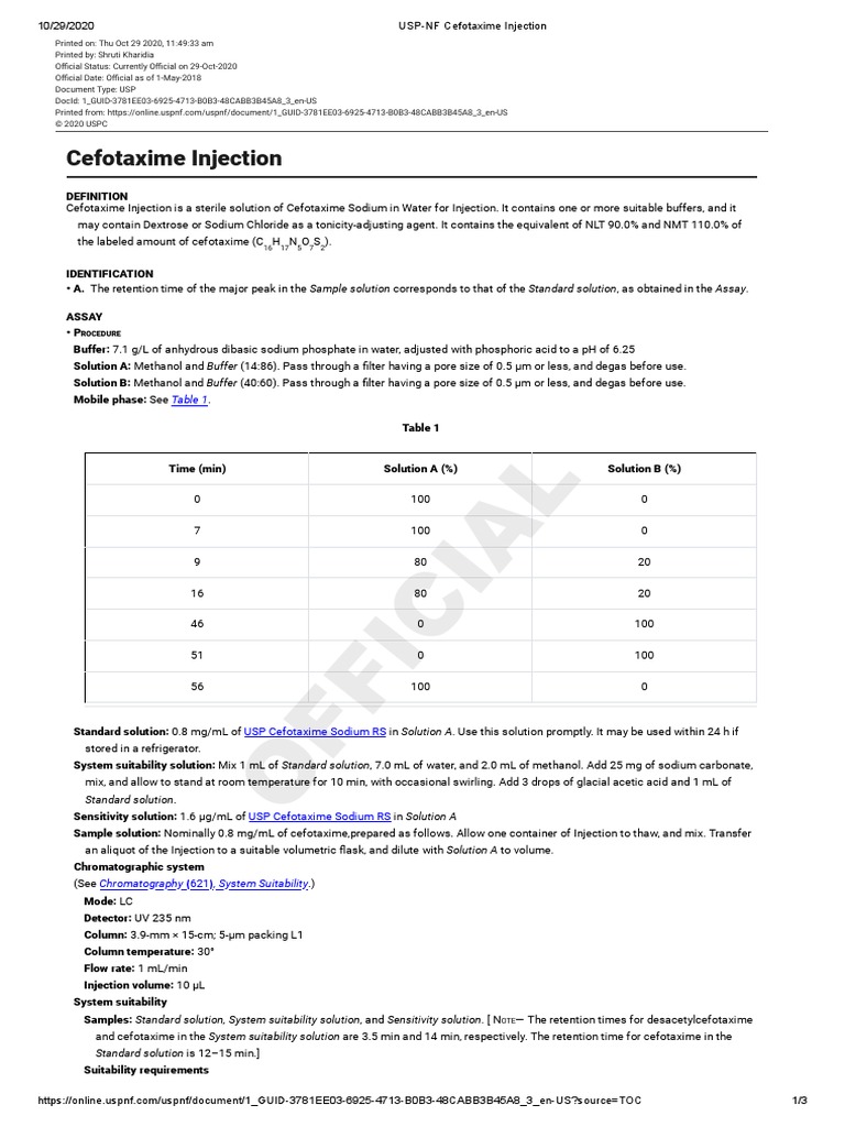 USP-NF Cefotaxime Injection | PDF | Chromatography | Buffer Solution