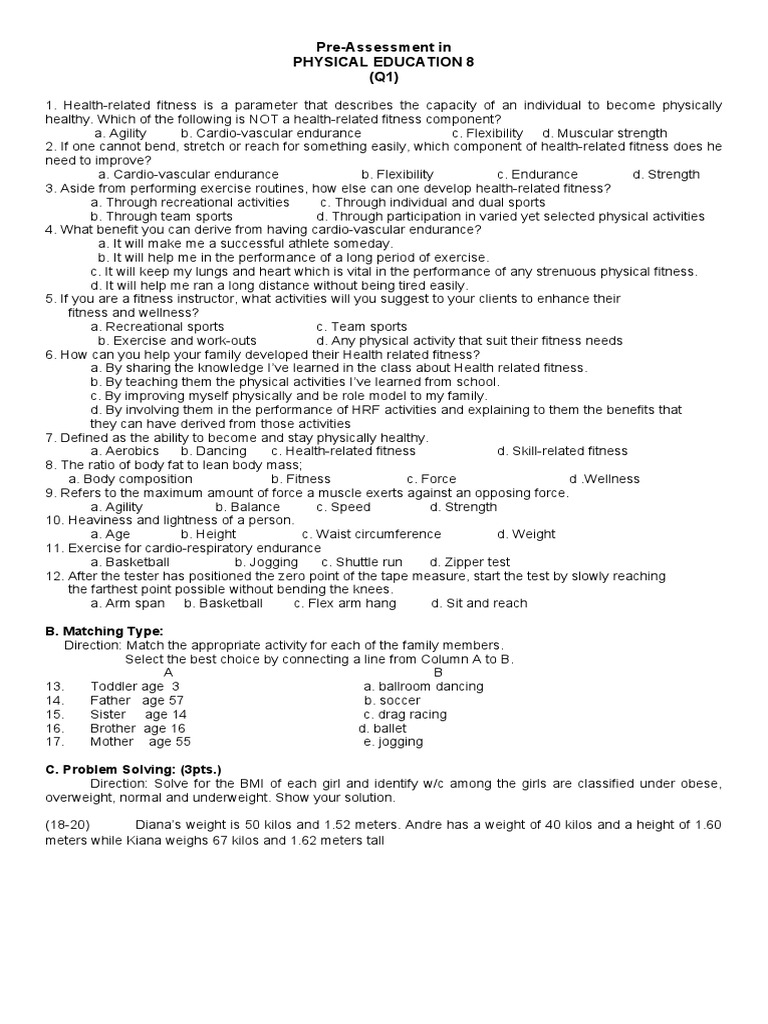 Pre Asssesment in PE 8 Q1 | PDF | Physical Fitness | Body Mass Index