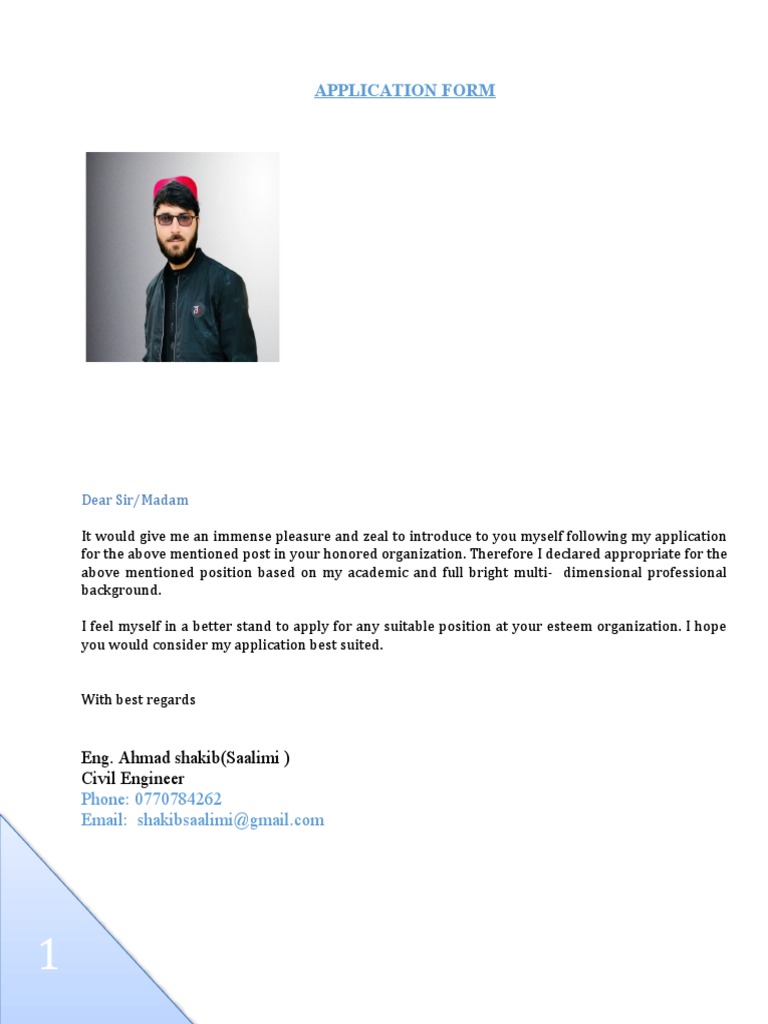 Application Form: Eng. Ahmad Shakib (Saalimi) Civil Engineer | PDF