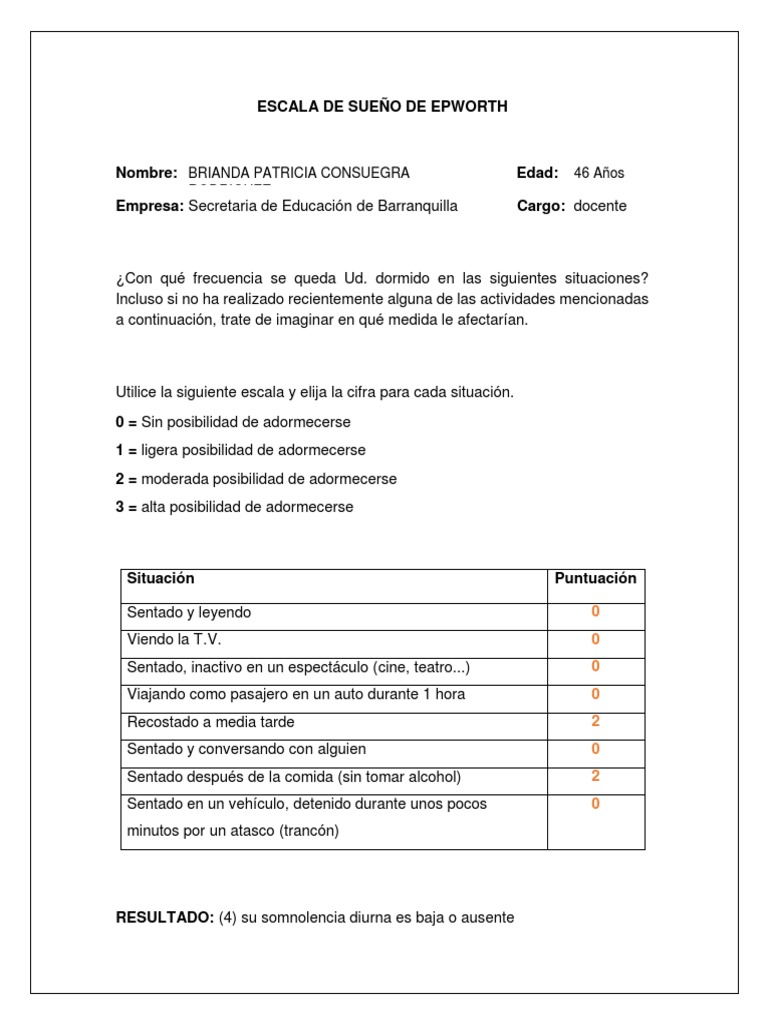 Escala de Somnolencia de Epworth | PDF