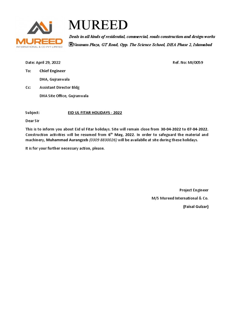 Eid Holidays Letter To Client | PDF