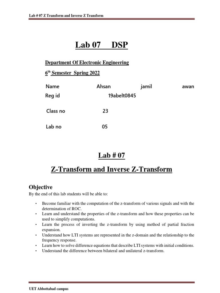 Lab 07 Dsp Lab 07 Z Transform And Inverse Z Transform Pdf Signal Processing Algorithms