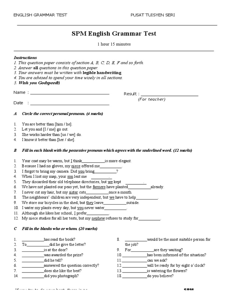 SPM English Grammar Test | PDF | English Grammar | Grammar