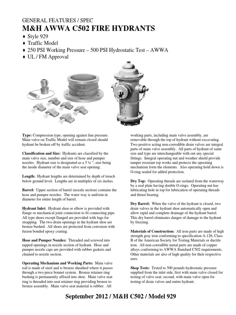 M&H AWWA C502 Fire Hydrant Specs | PDF | Valve | Fire Engine