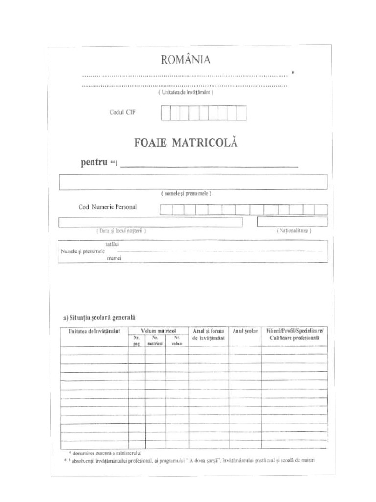 Foaie Matricola Scoala Postliceala, Scoala de Maistri, Scoala ...