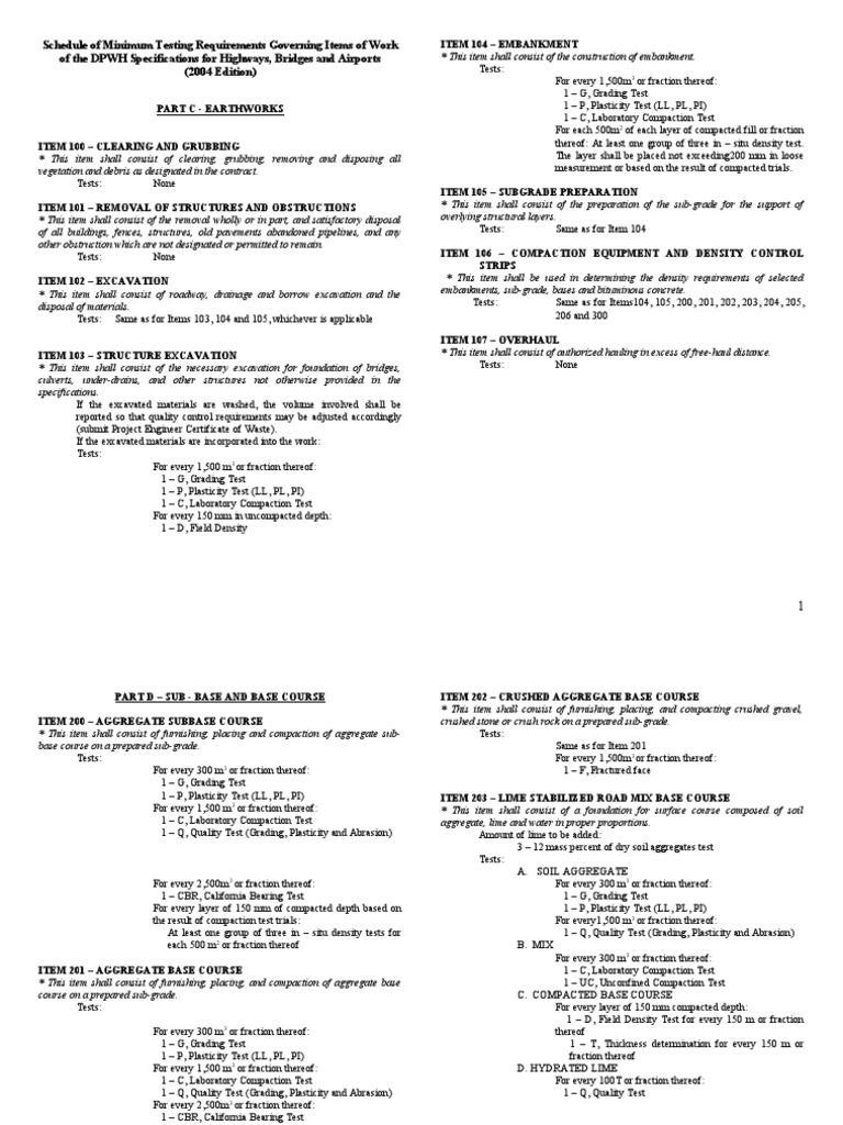 DPWH Schedule of Minimum Testing Requirements | PDF | Concrete | Road ...