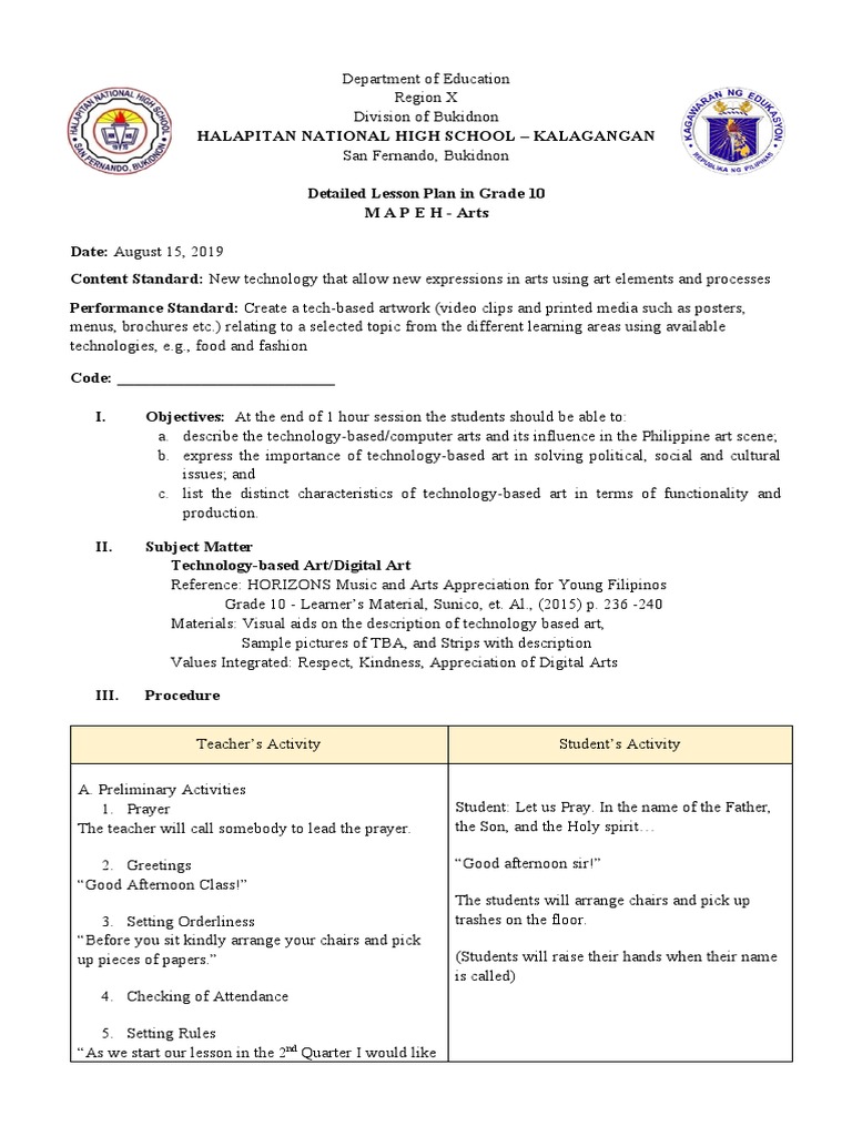 Grade 10 Lesson Plan: Tech-Based Art | PDF | Lesson Plan | Teachers