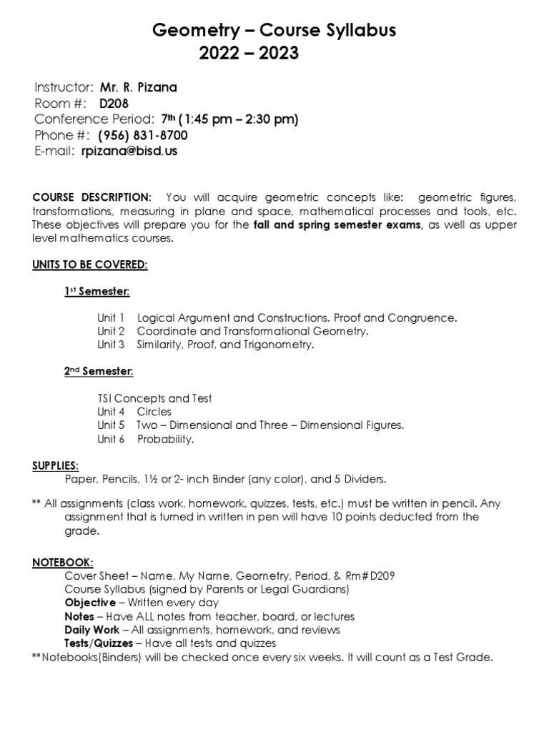 Geometry Syllabus 2022-2023 R | PDF | Geometry | Test (Assessment)
