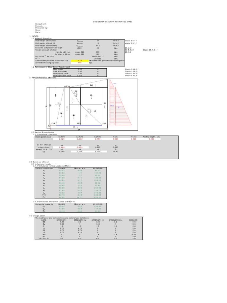 Consultant: Project: Designed By: Case: Date: Design of Masonry Retaining Wall | Download Free ...