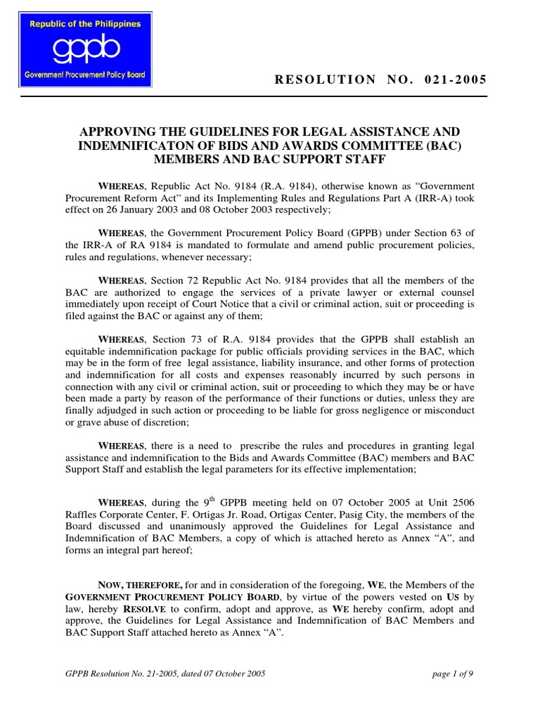 GPPB Resolution No. 21-2005 | PDF | Indemnity | Liability Insurance