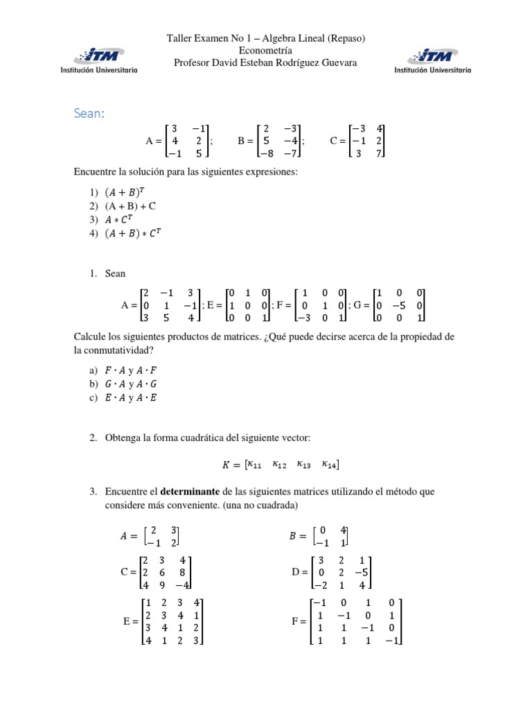 Repaso de Álgebra Lineal y Econometría | PDF | Matriz (Matemáticas ...