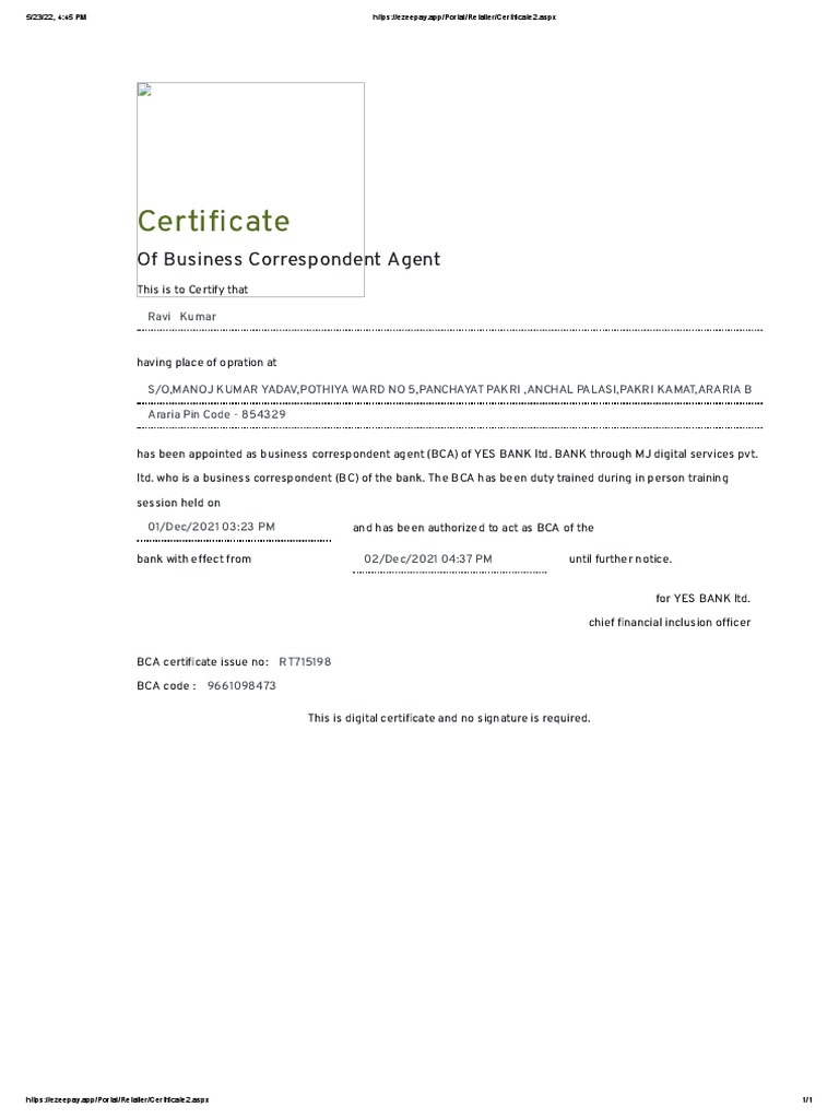 Certi Cate: of Business Correspondent Agent | PDF