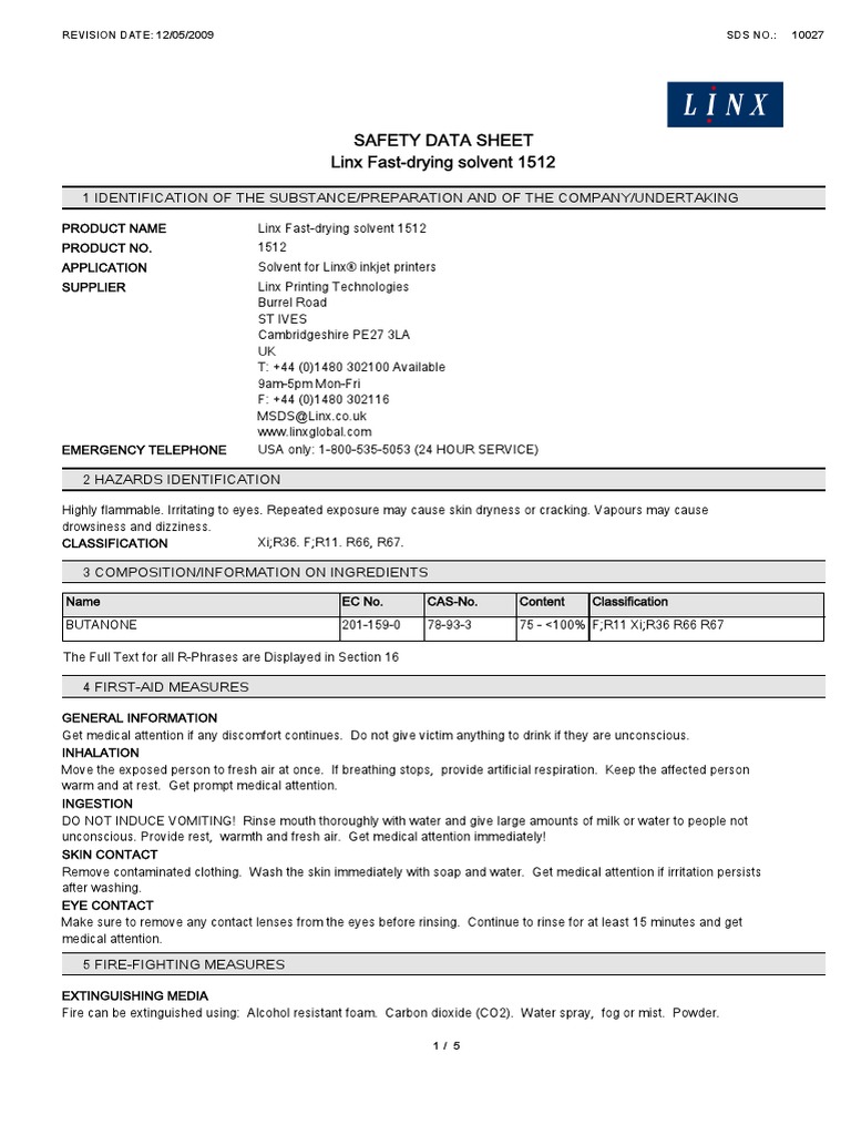 Safety Data Sheet Linx Fast-Drying Solvent 1512 | PDF | Carbon Dioxide ...