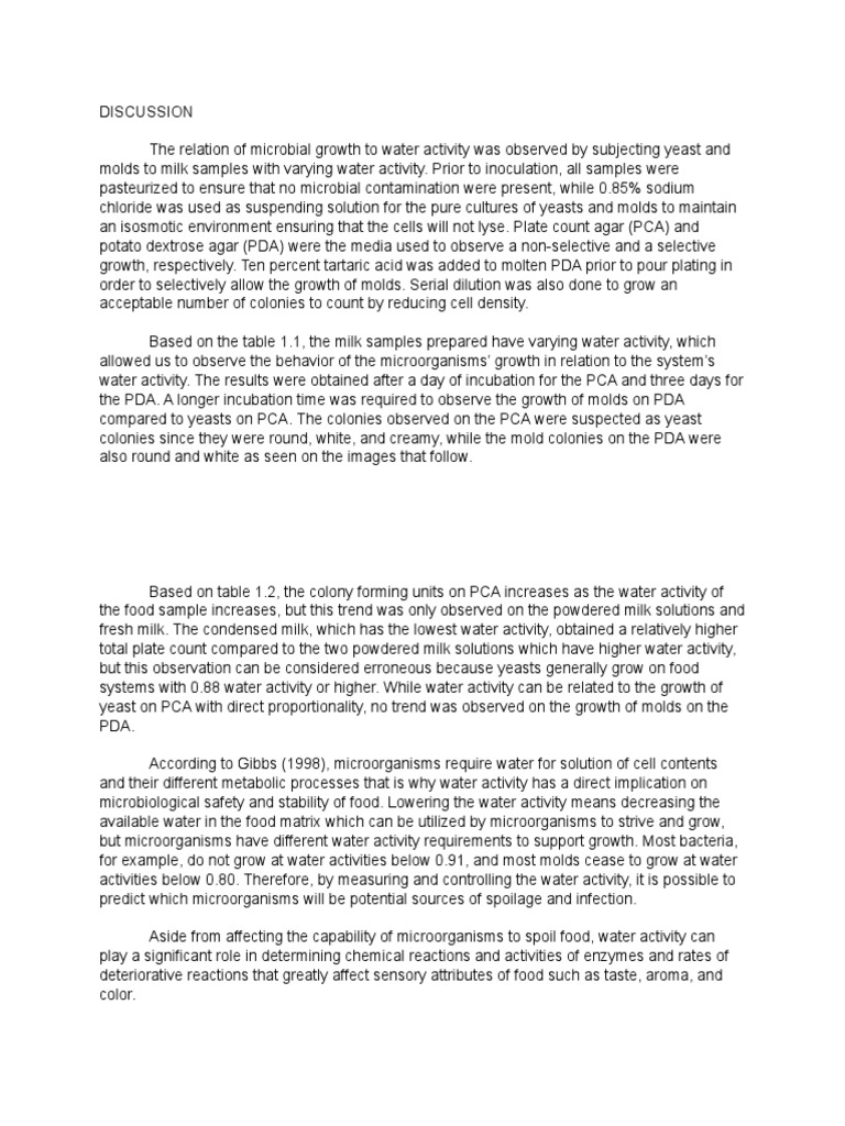 Exercise 1: Microbial Growth in Relation To Water Activity | PDF ...
