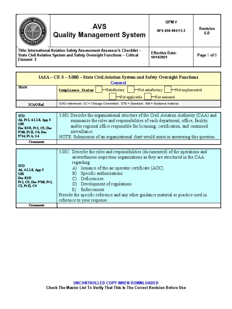 Aviation Safety Oversight Checklist | PDF | Federal Aviation ...