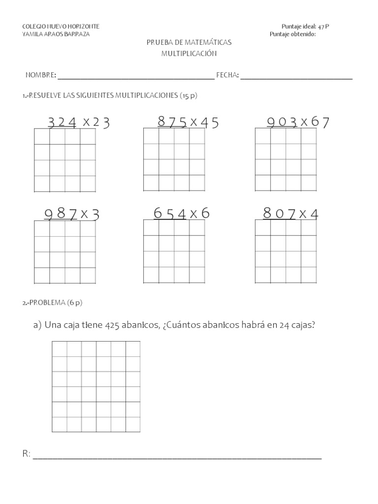 Prueba de Matemáticas Multiplicaciones | PDF | Métodos y materiales de ...